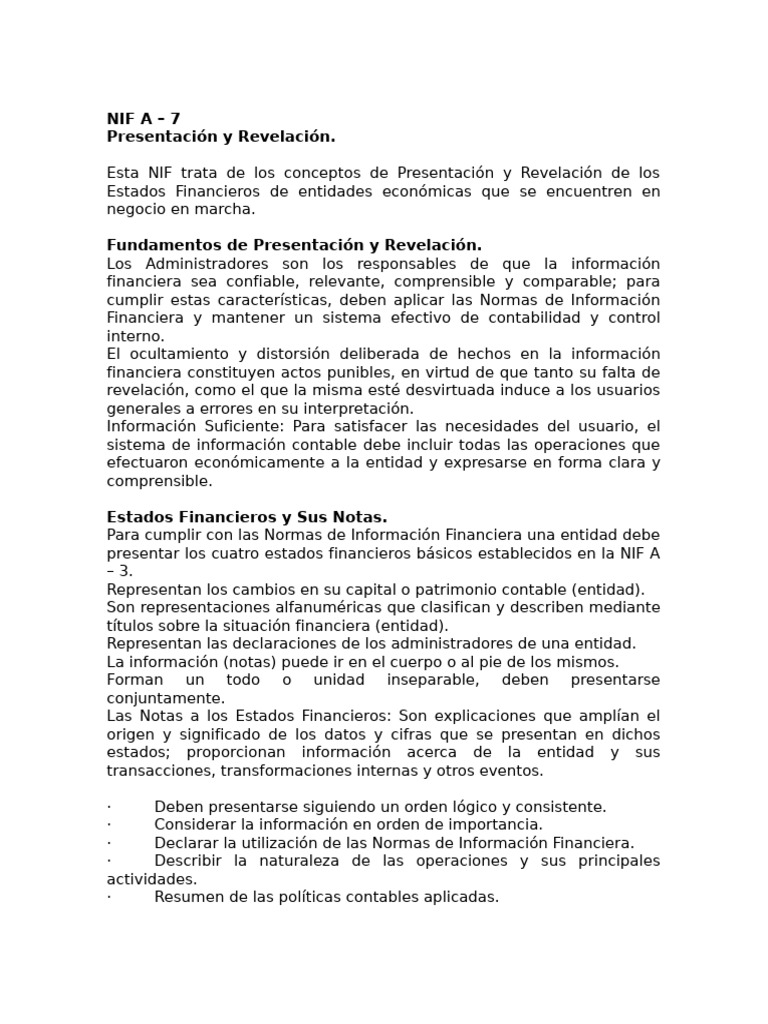 NIF A 7 Presentación y Revelación | PDF | Estado financiero | Negocios