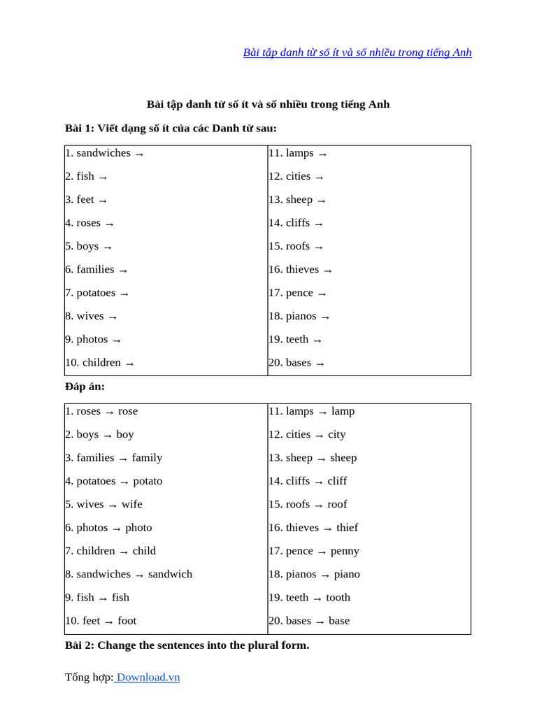 Bai Tap Danh Tu So It Va So Nhieu | PDF