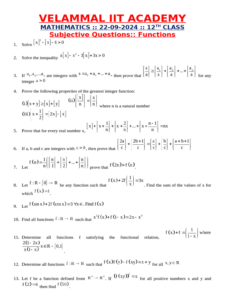 Subjective Questions Functions 22-09-24 12th With Key H and S | PDF