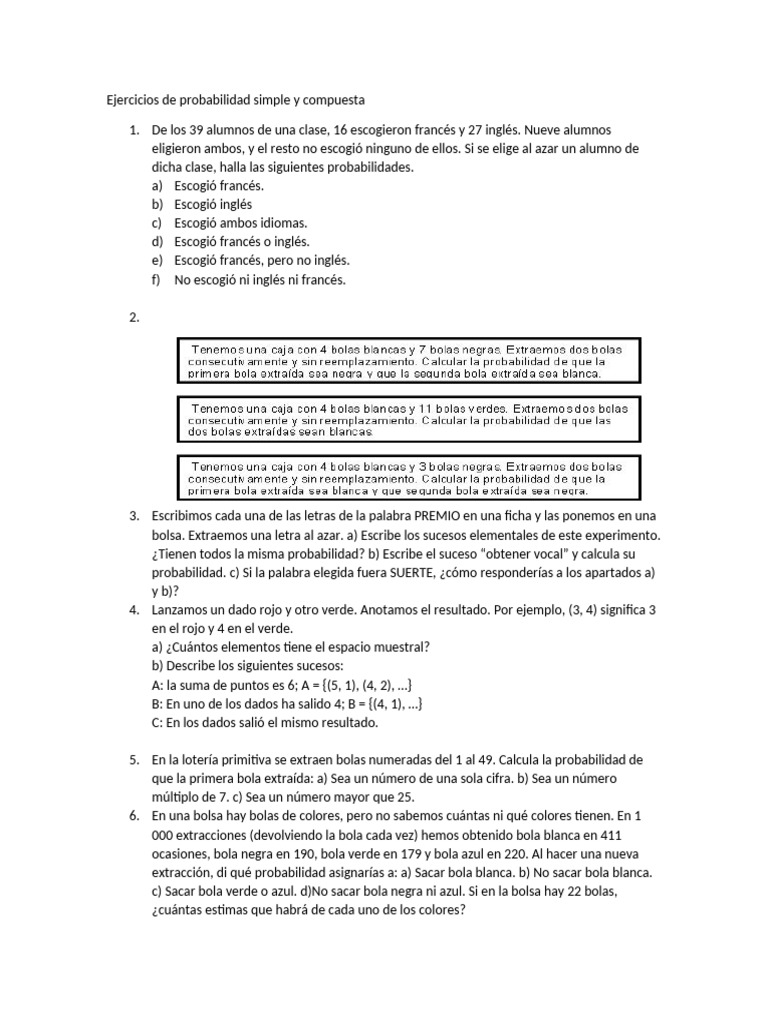 Ejercicios de Probabilidad Simple y Compuesta | PDF | Métodos y materiales de enseñanza