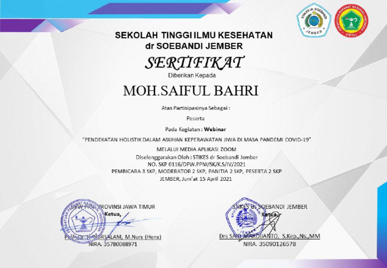 MOH - SAIFUL BAHRI - Sertifikat Webinar Keperawatan Jiwa 2021 | PDF