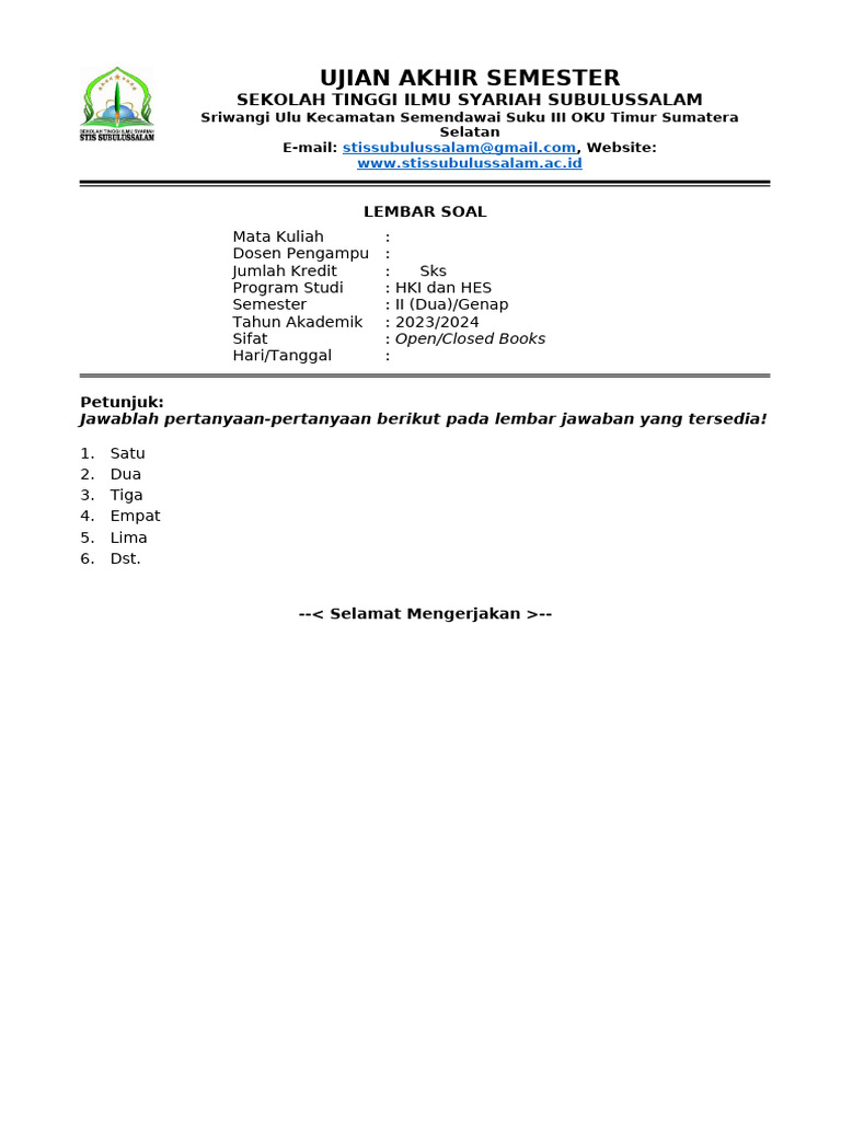 Template Master Soal UAS Genap TA 2023 - 2024 | PDF