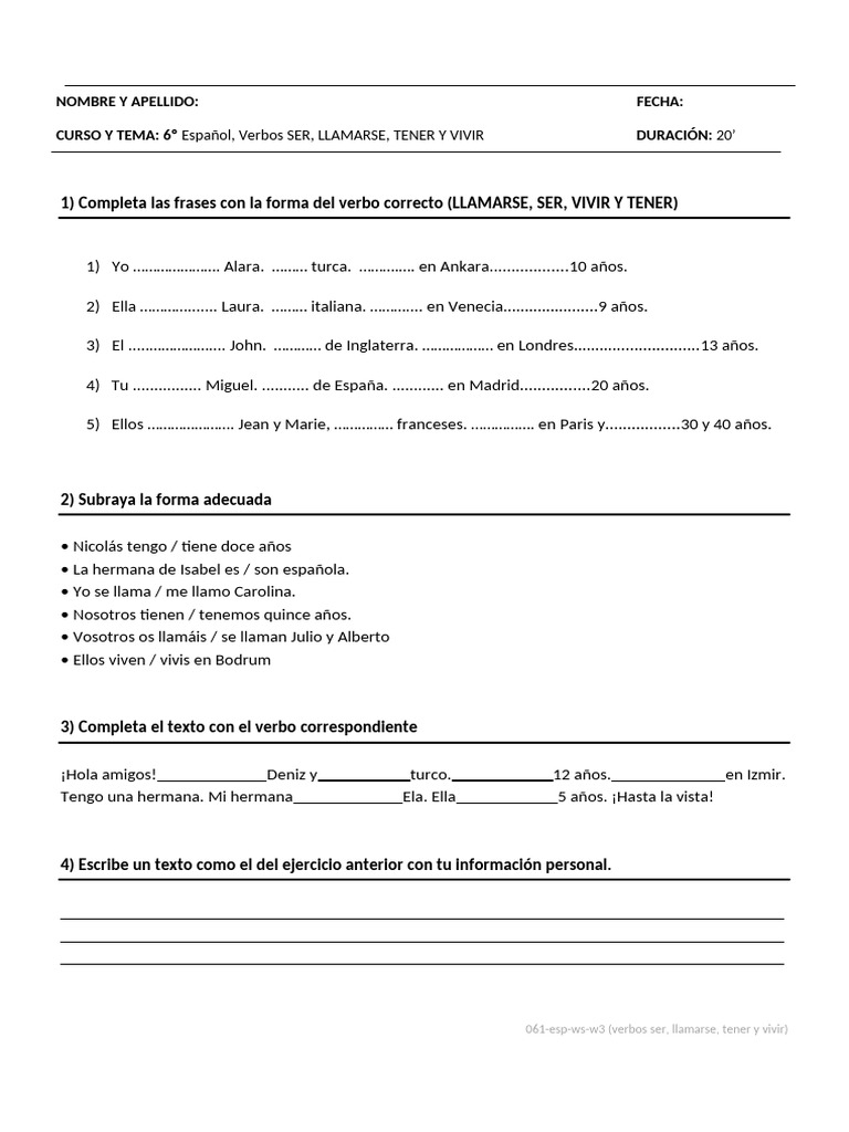 Verbos Llamarse y Vivir | PDF