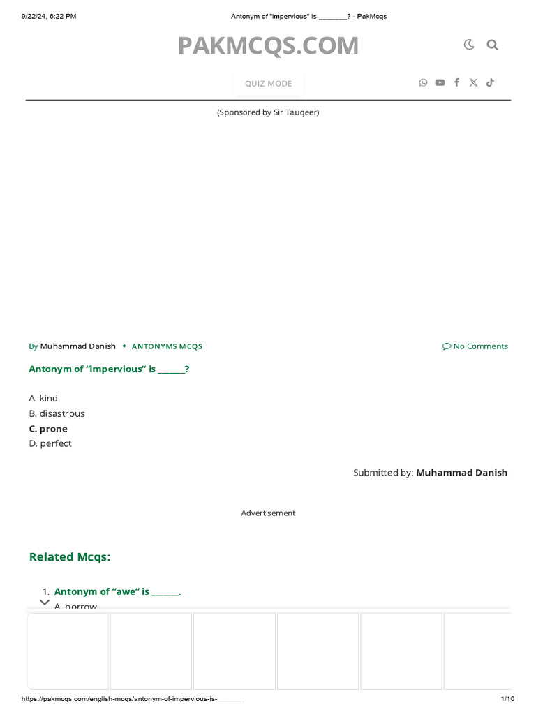 Antonym of - Impervious - Is - PakMcqs | PDF