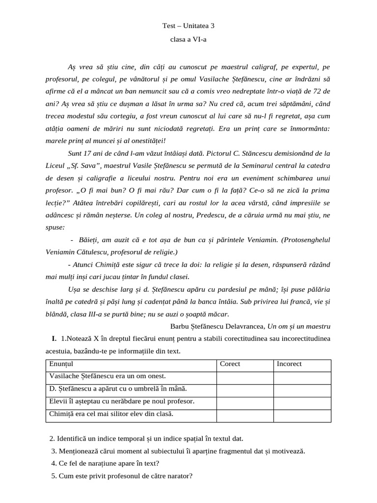 Test Unitatea 3 Clasa A 6-A | PDF