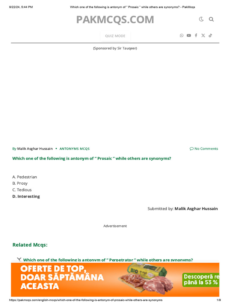 Which One of The Following Is Antonym of " Prosaic " While Others Are ...