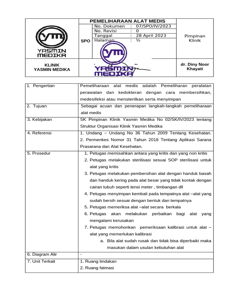 7) Sop Pemeliharaan Alat Medis | PDF