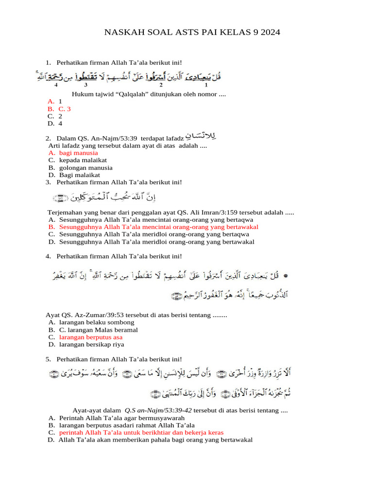 Soal ASTS GENAP GANJIL PAI KLS 9 2024 | PDF