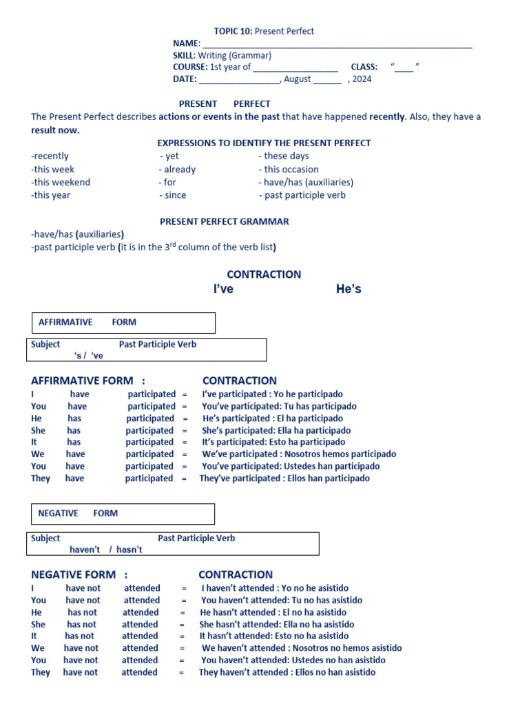Topic 10 - Present Perfect | PDF
