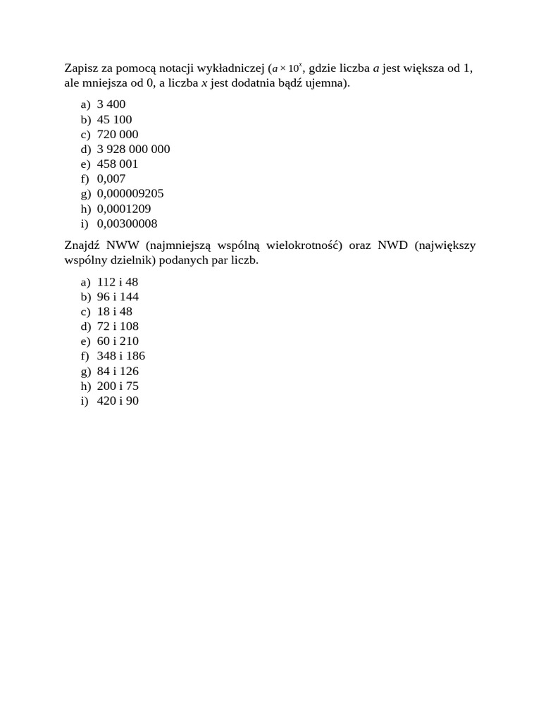 Karta Pracy - Notacja Wykładnicza + NWW NWD + Liczby Rzymska | PDF