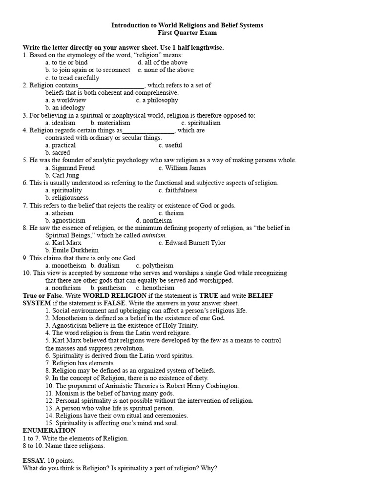 Introduction To World Religions and Belief Systems Exam | PDF ...
