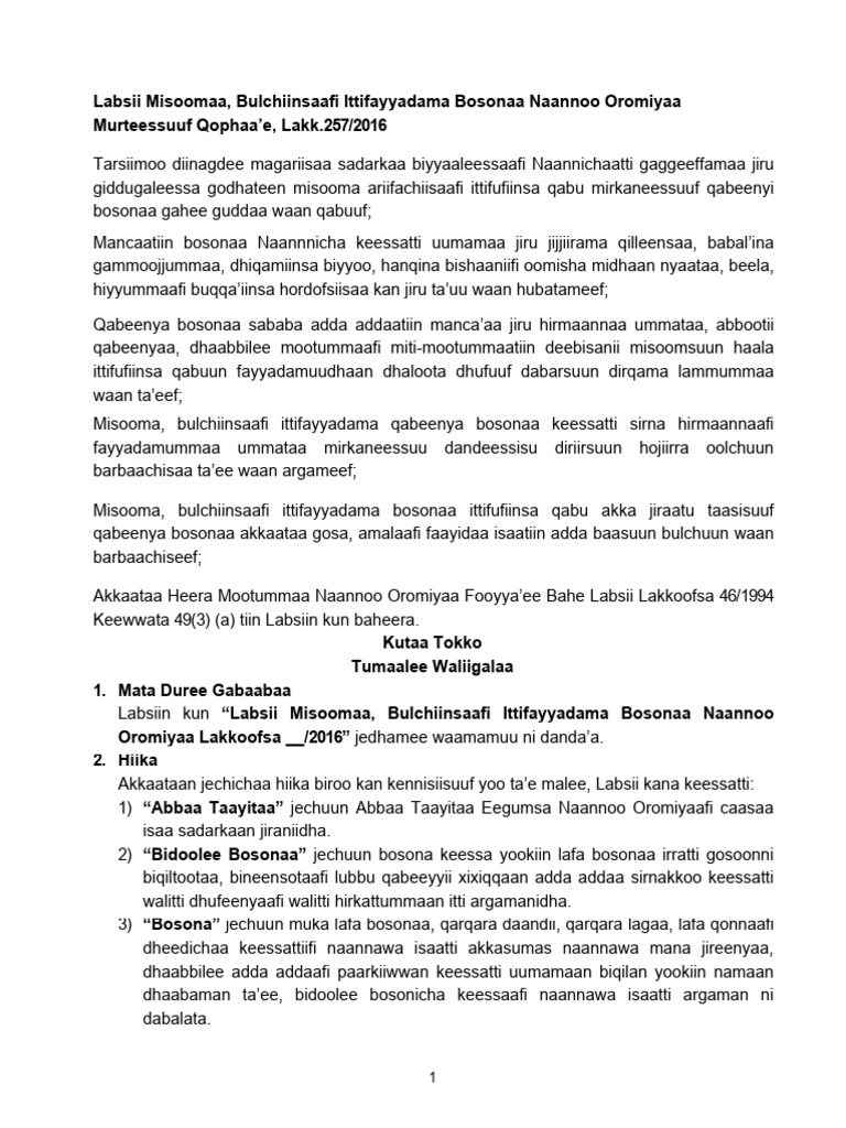 257 2016 Labsii Misoomaa, Bulchiinsaa Fi IttifayyadamaBosonaa Naannoo | PDF