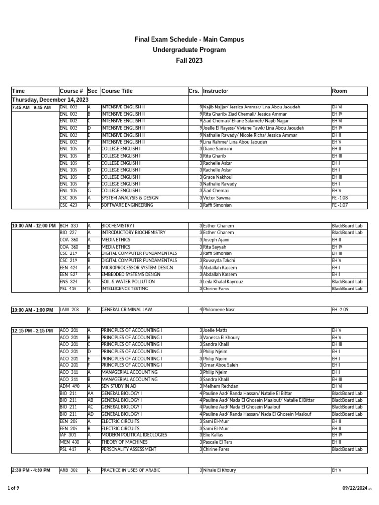 Final Exam Schedule Main Campus - Undergraduate - Fall 2023 | PDF