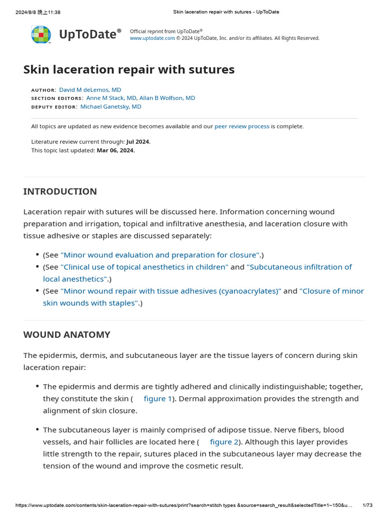 Skin laceration repair with sutures - UpToDate | PDF