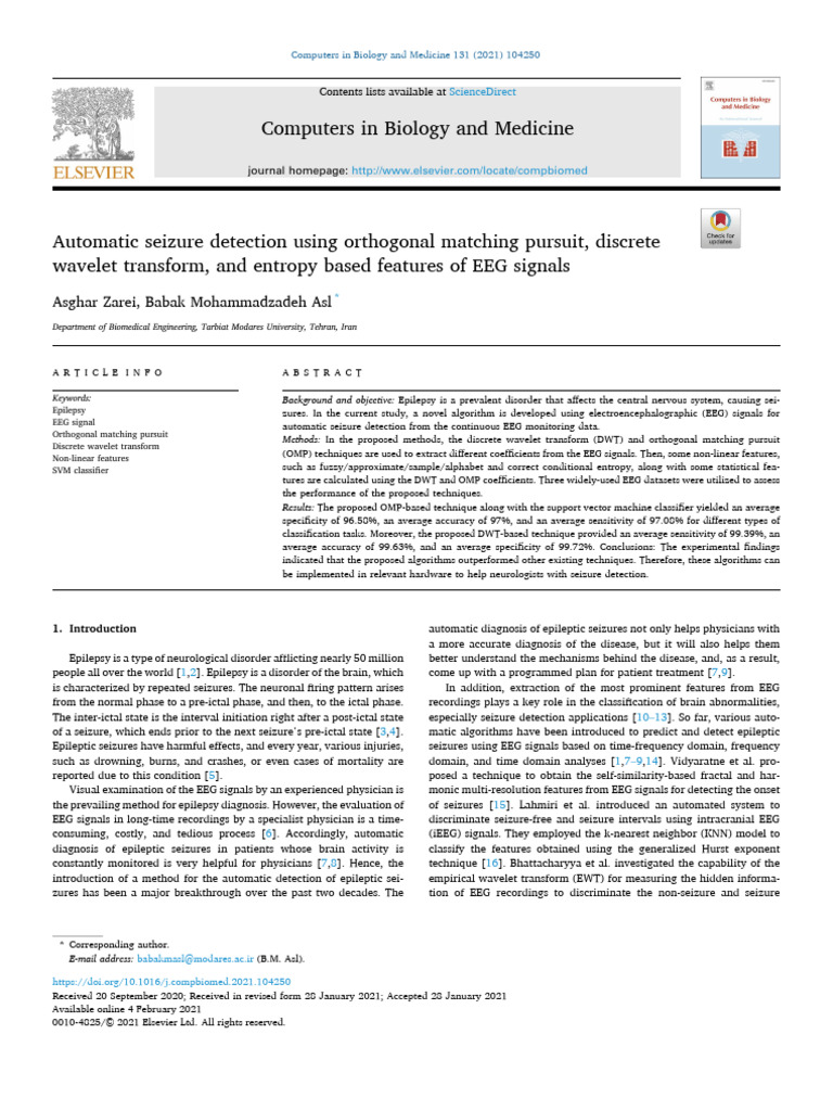 Automatic Seizure Detection Using Orthogonal Matching Pursuit, Discrete | PDF