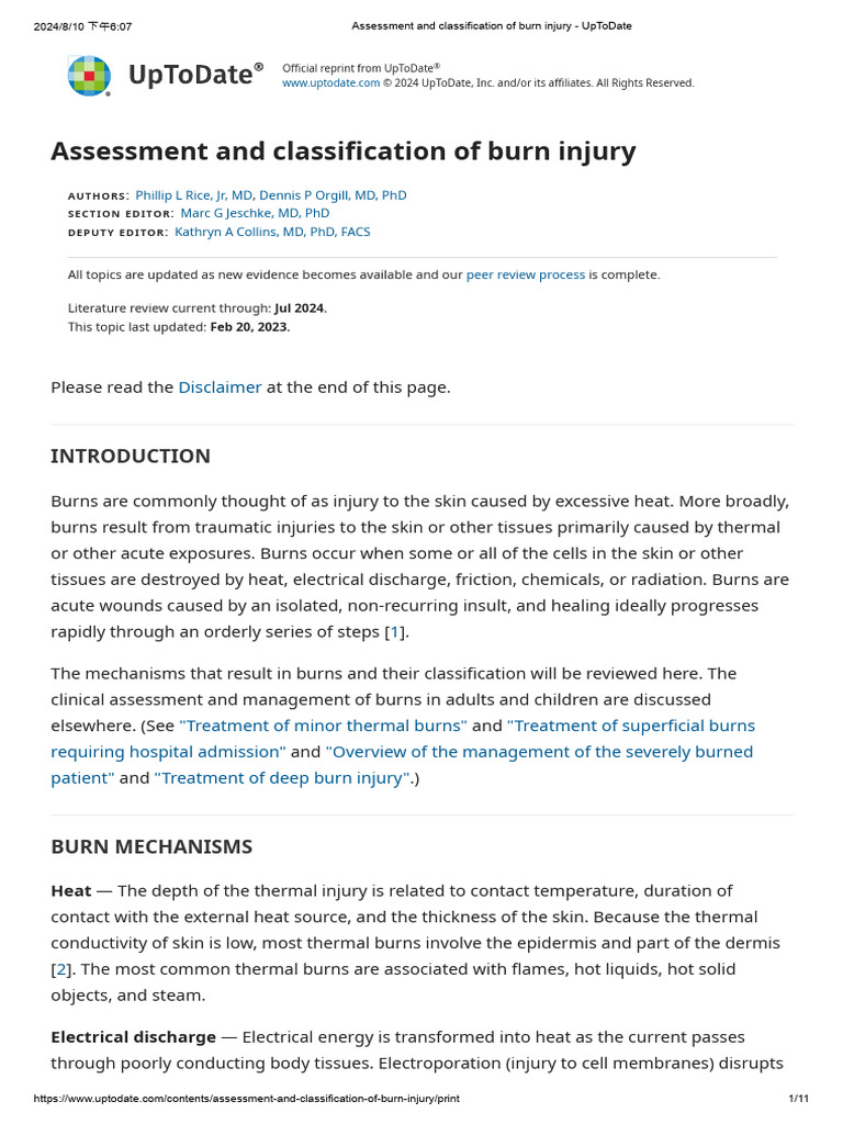 Assessment and Classification of Burn Injury - UpToDate | PDF