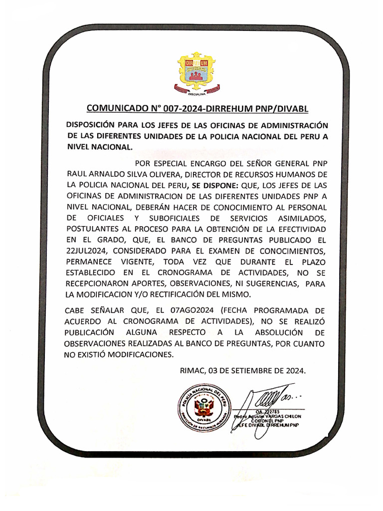 Comunicado N°007-2024-Dirrehum Pnpdivabl de Fecha 03set2024disposición para para Los Jefes de ...