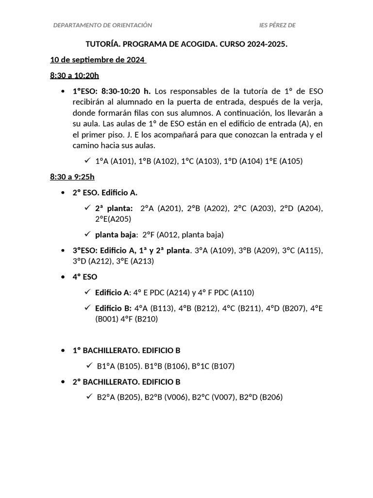 PROGRAMA DE ACOGIDA CURSO 2024-2025 | PDF