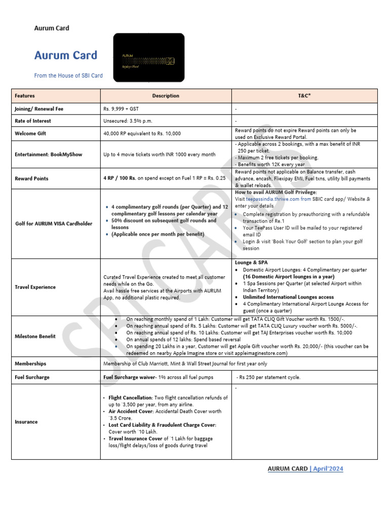 SBI Aurum Card Benefits Overview | PDF | Loyalty Program