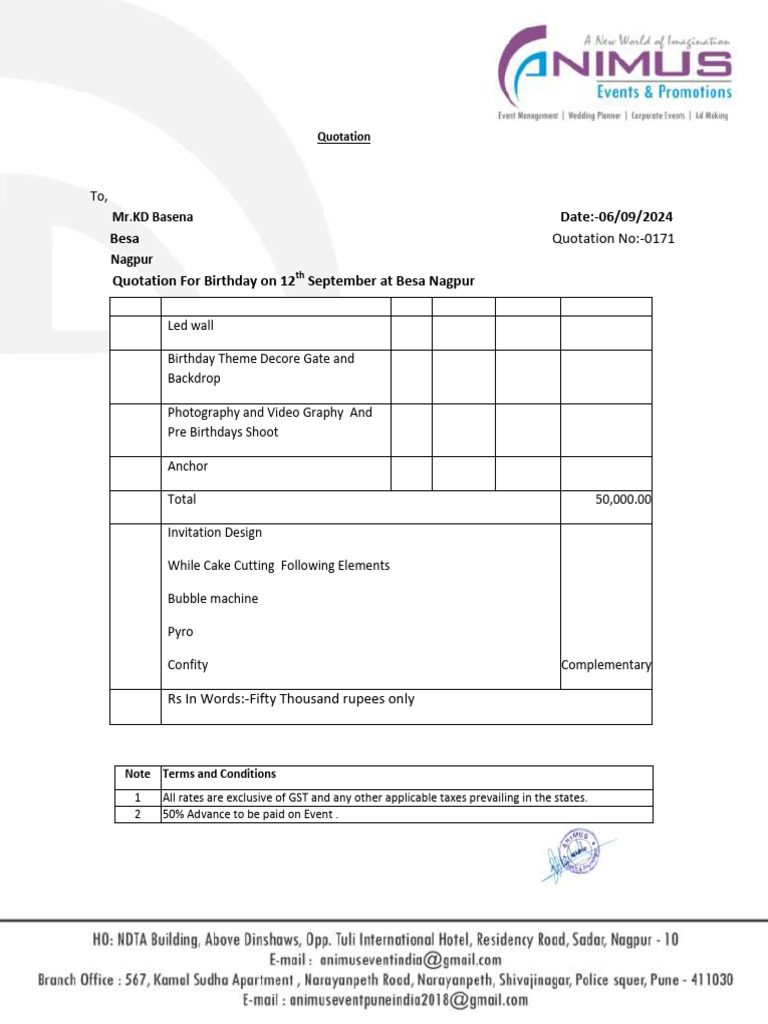 0171 Revised Quotation Birthday Event-0171 | PDF