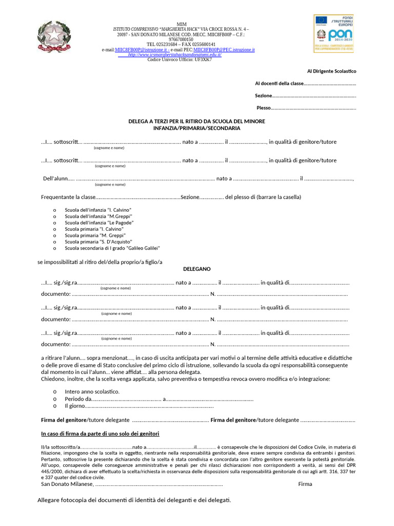 23 24 - Modulo Delega A Terzi Per Ritiro Minori Infanzia Primaria ...