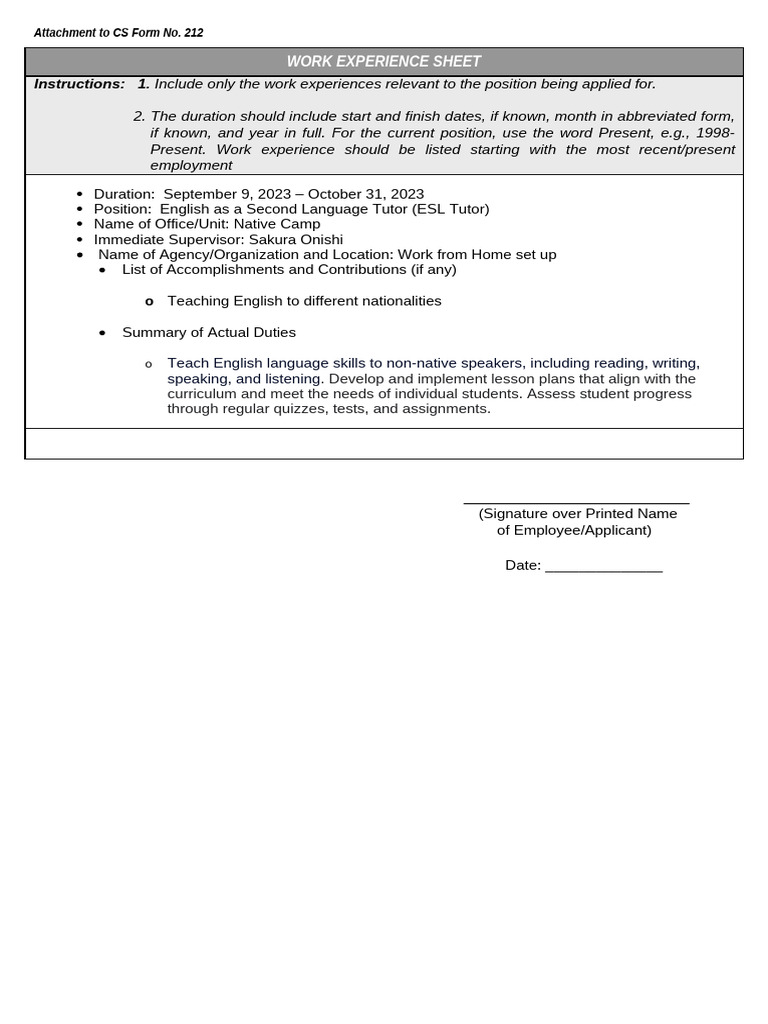CS Form No. 212 Attachment - Work Experience Sheet | PDF