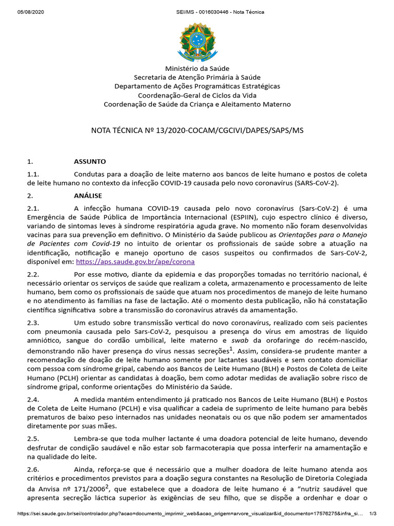 Nota T Cnica N 13 2020 Cocam Cgcivi Dapes Saps MS | PDF