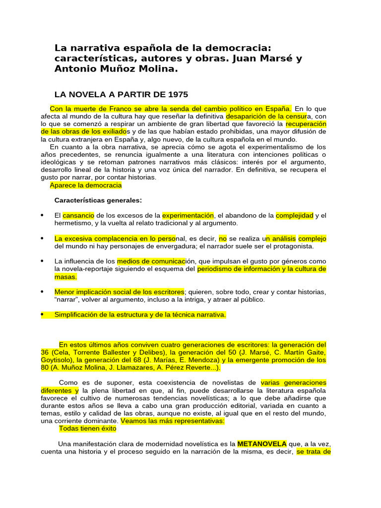 La Narrativa Española de La Democracia - Características, Autores y ...