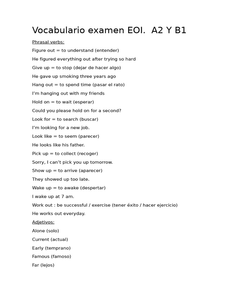 Vocabulario Examen EOI. A2 Y B1 | PDF