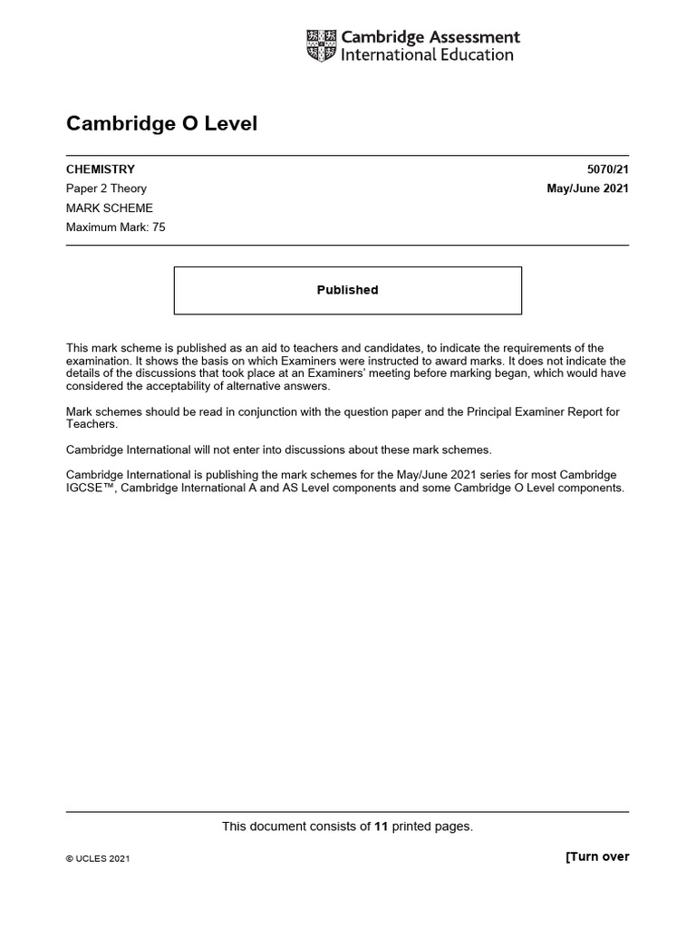 Cambridge O Level: Chemistry 5070/21 May/June 2021 | PDF