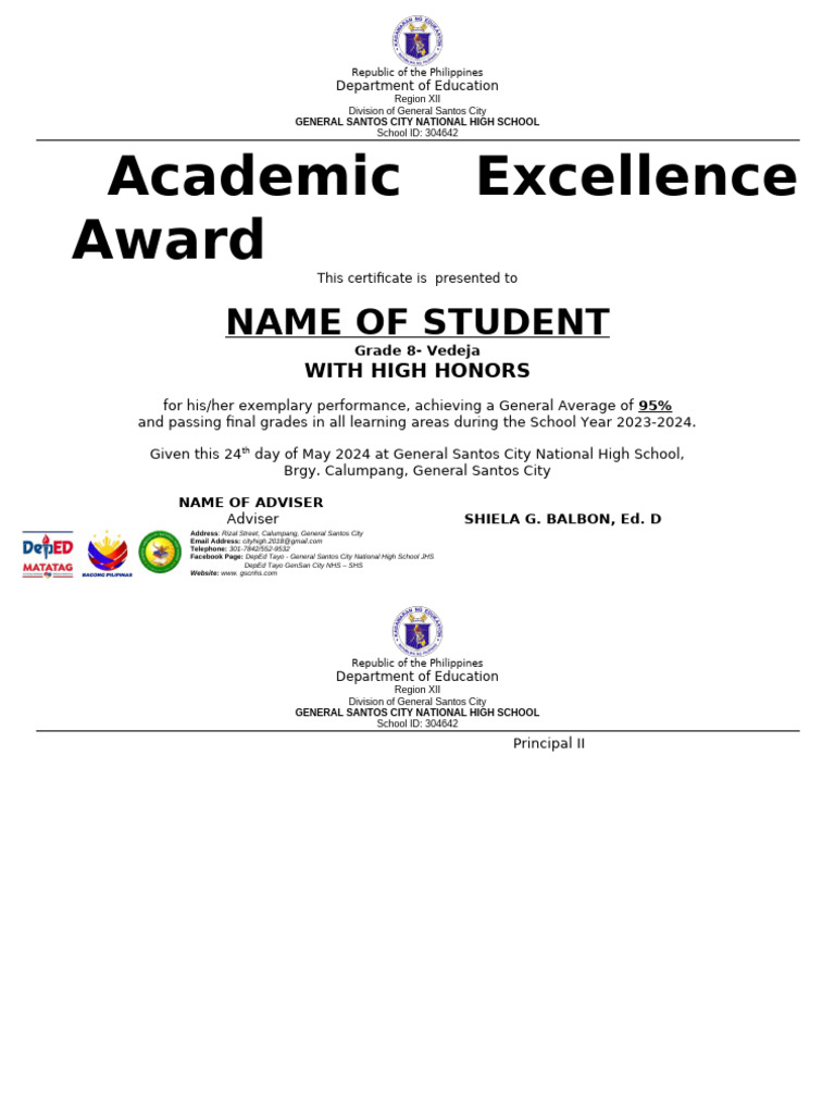 2023 Overall Academic Excellence Awards GSCNHS Template | PDF