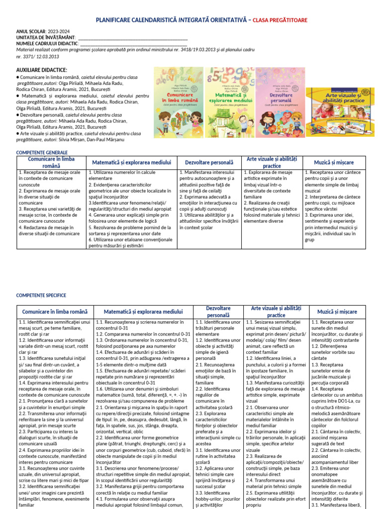 Planificare Calendaristica Integrata - Clasa Pregătitoare | PDF