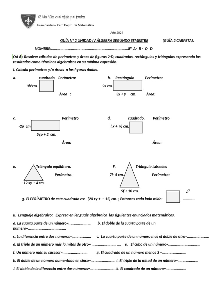 GUÍA N 2 U-4 8° ÁLGEBRA 2024 | PDF