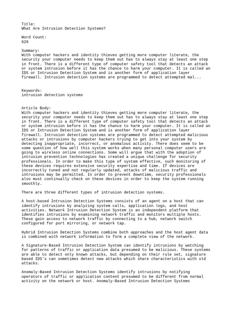 What Are Intrusion Detection Systems | PDF | Telecommunications ...