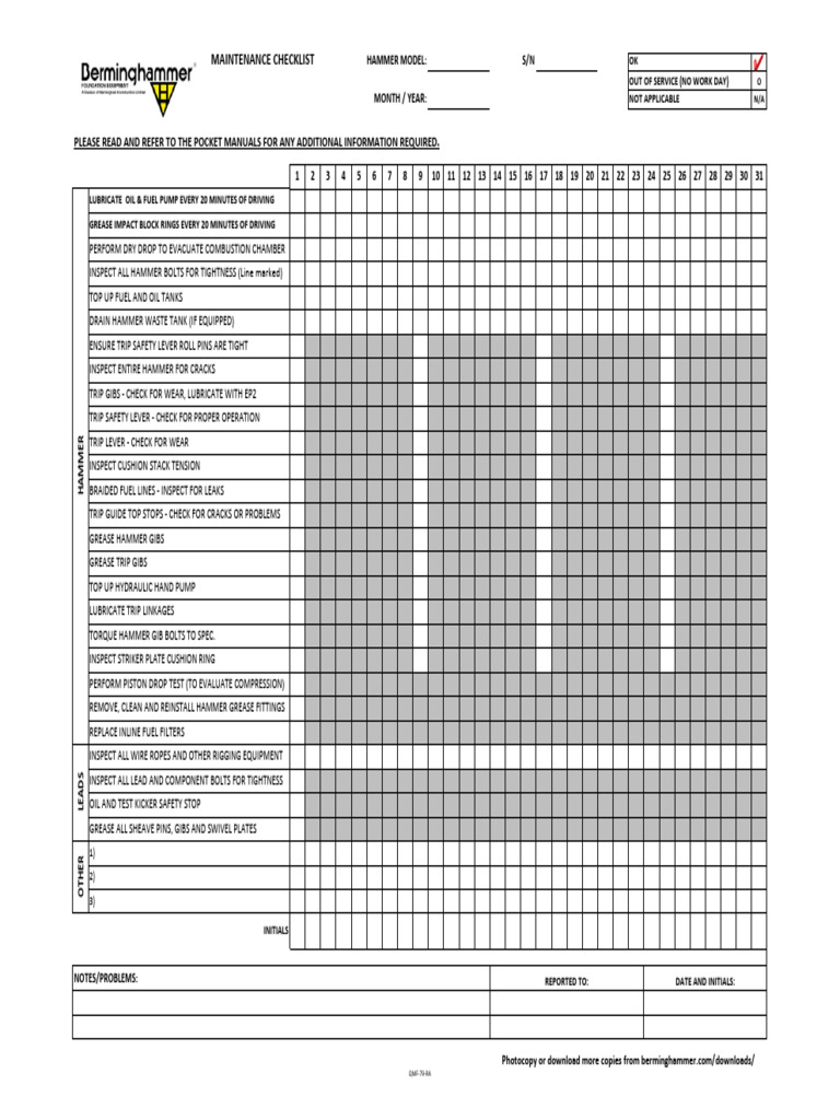 QMF-79-RC Hammer Maintenance Checklists | PDF