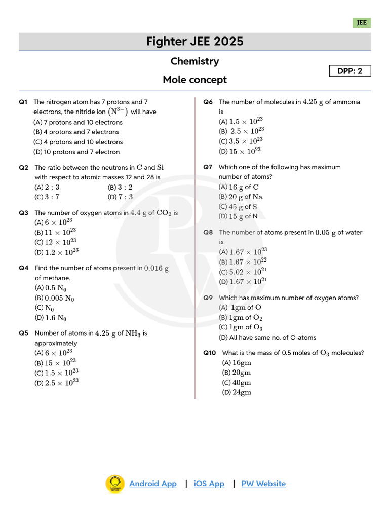 Mole Concept - DPP 02 (Of Lec 03) - Fighter JEE 2025 | PDF