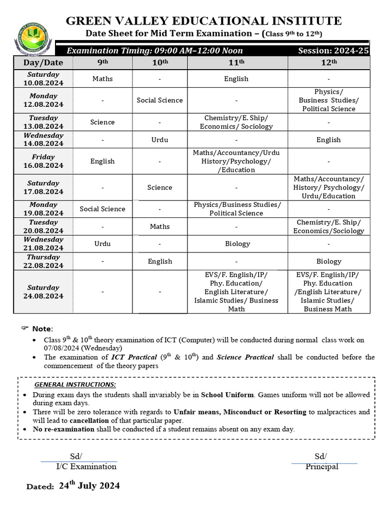 Date Sheet Term-I (9th To 12th) 2024 | PDF | Science | Mathematics