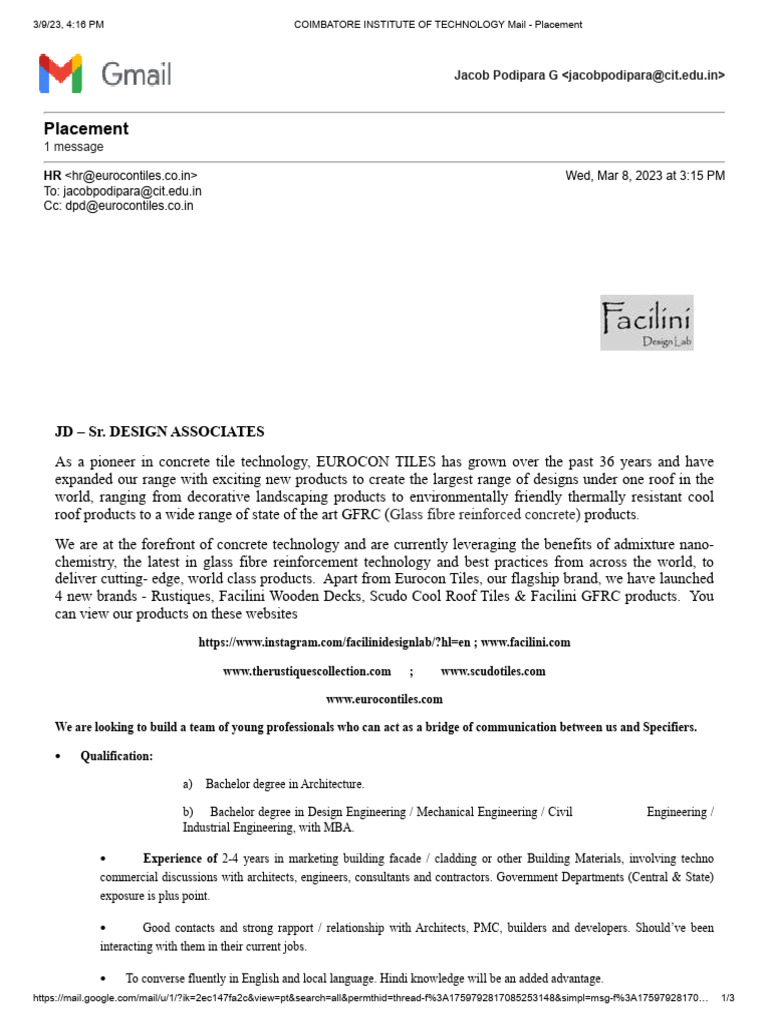 Coimbatore Institute of Technology Mail - Placement | PDF | Concrete ...