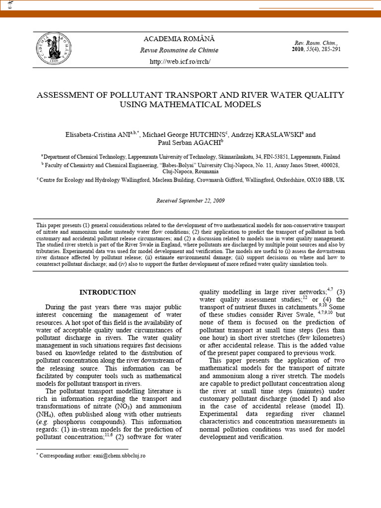 (PDF) Assessment of Pollutant Transport and River Water Quality Using Mathematical Models | PDF