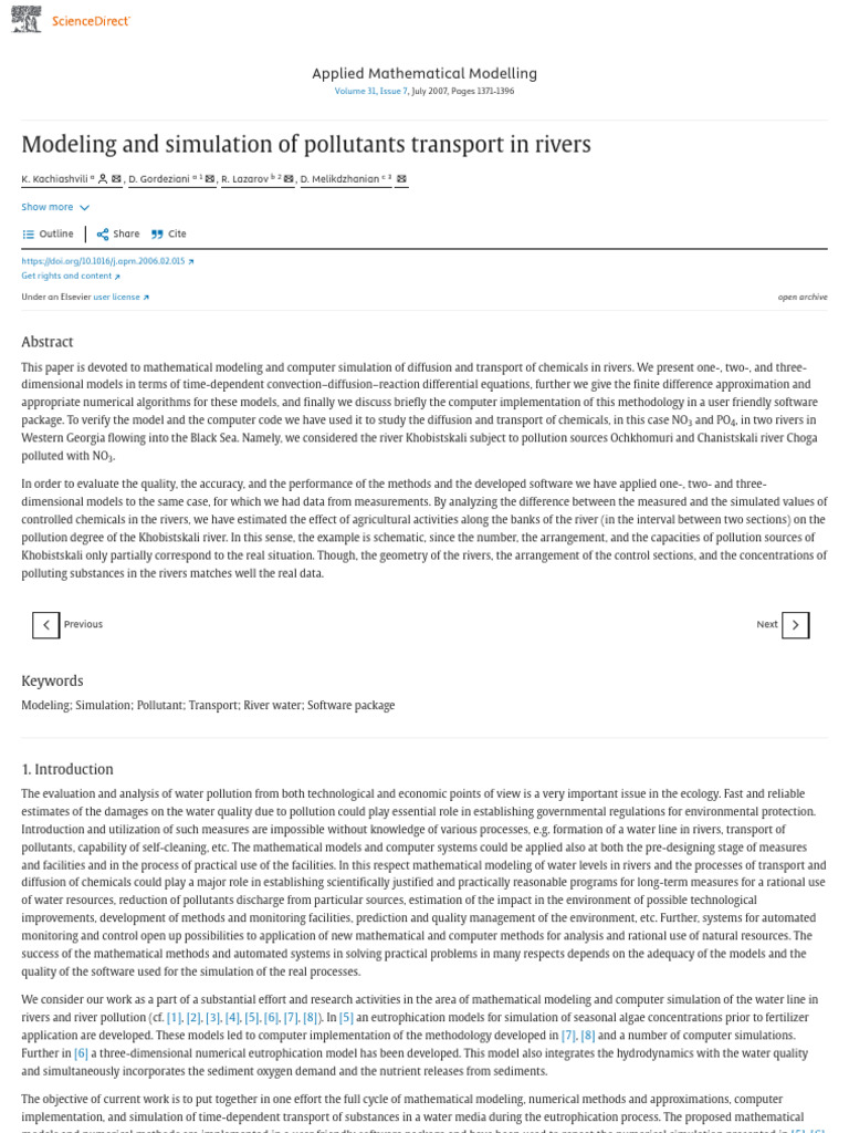 Modeling and Simulation of Pollutants Transport in Rivers - ScienceDirect | PDF