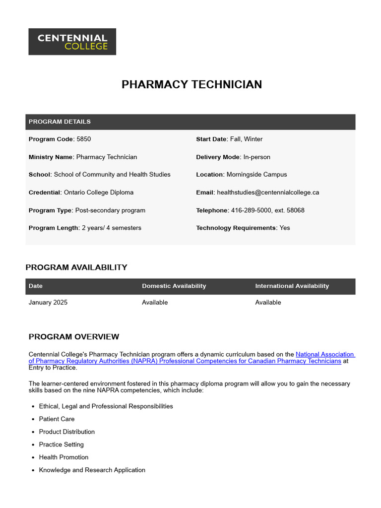 Centennial College Pharmacy Technician Program | PDF | Pharmacy | Business