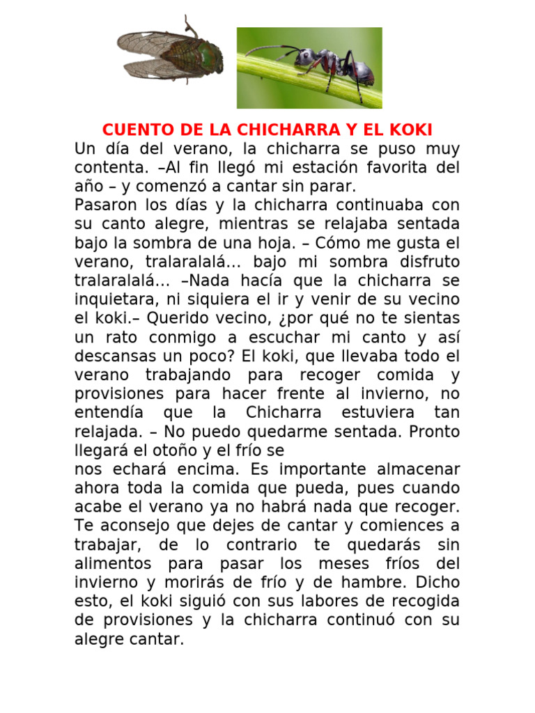 Cuento de La Chicharra y El Koki | PDF