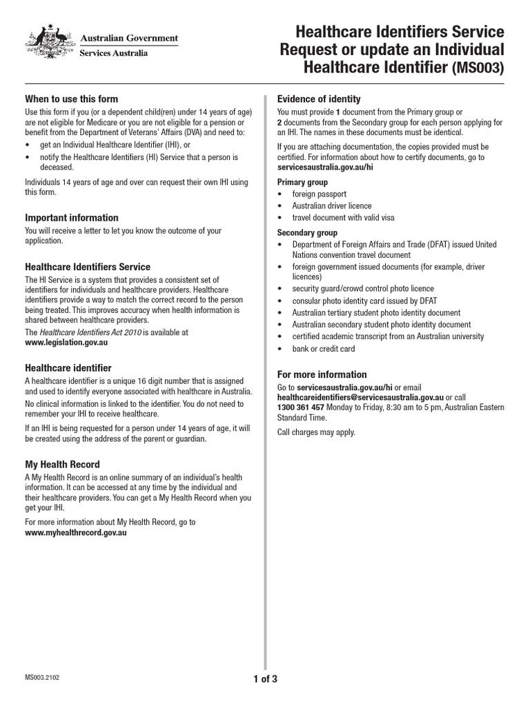 Healthcare Identifiers Service Request or Update An Individual Healthcare Identifier | PDF