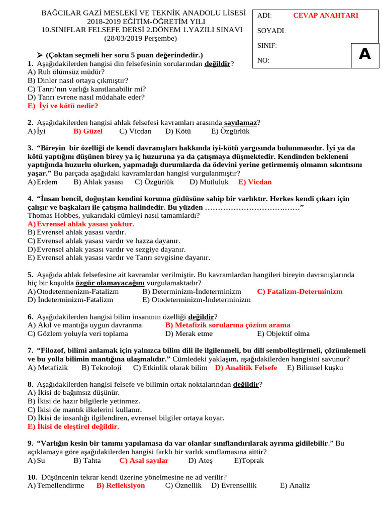 10 Sinif Felsefe 2 Donem 1 Yazili | PDF