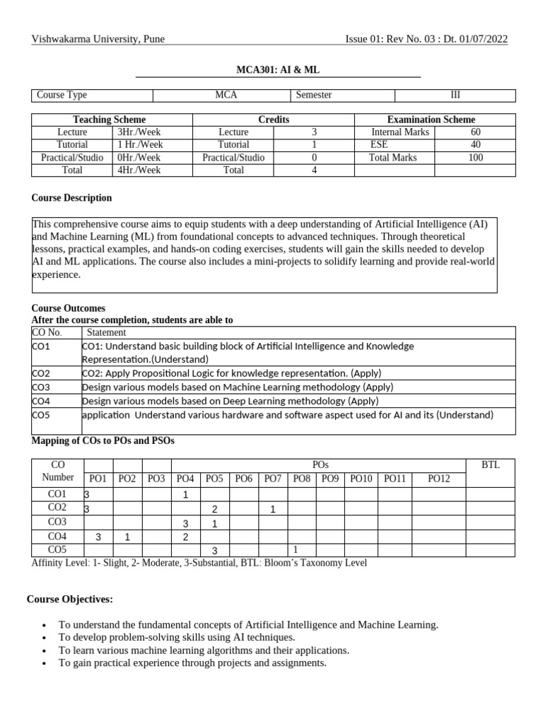 Ai & ML Syllabus Mca-Semiii | PDF