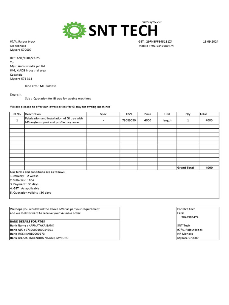 Quotation 1686 Autoliv Sweing Machine GI Tray | PDF | Computers ...