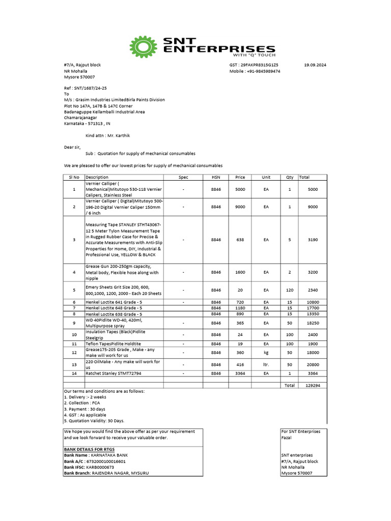 Quotation for Mechanical Consumables | PDF | Materials