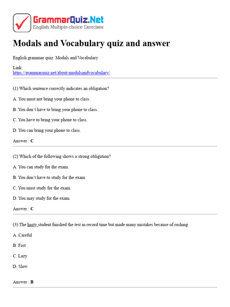English Modals & Vocabulary Quiz | PDF | Language Arts & Discipline