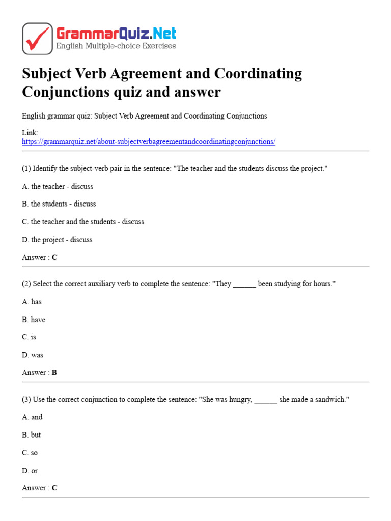 Subject Verb Agreement and Coordinating Conjunctions Quiz and Answer | PDF