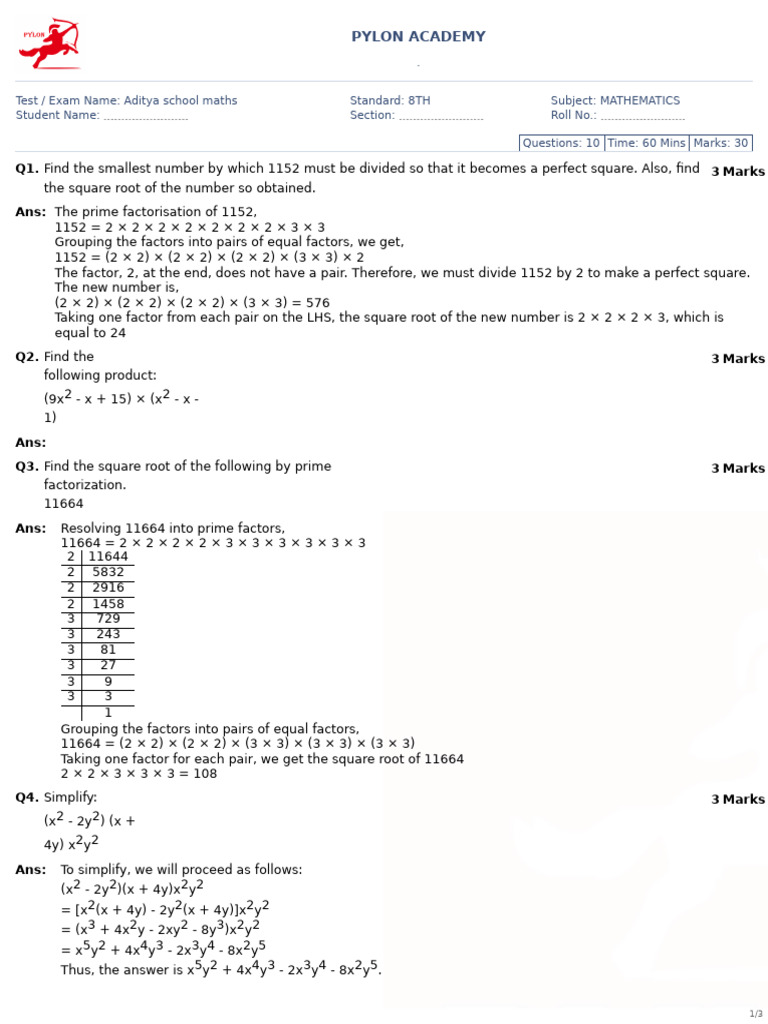 Aditya School maths-8TH-MATHEMATICS-Answersheet | PDF